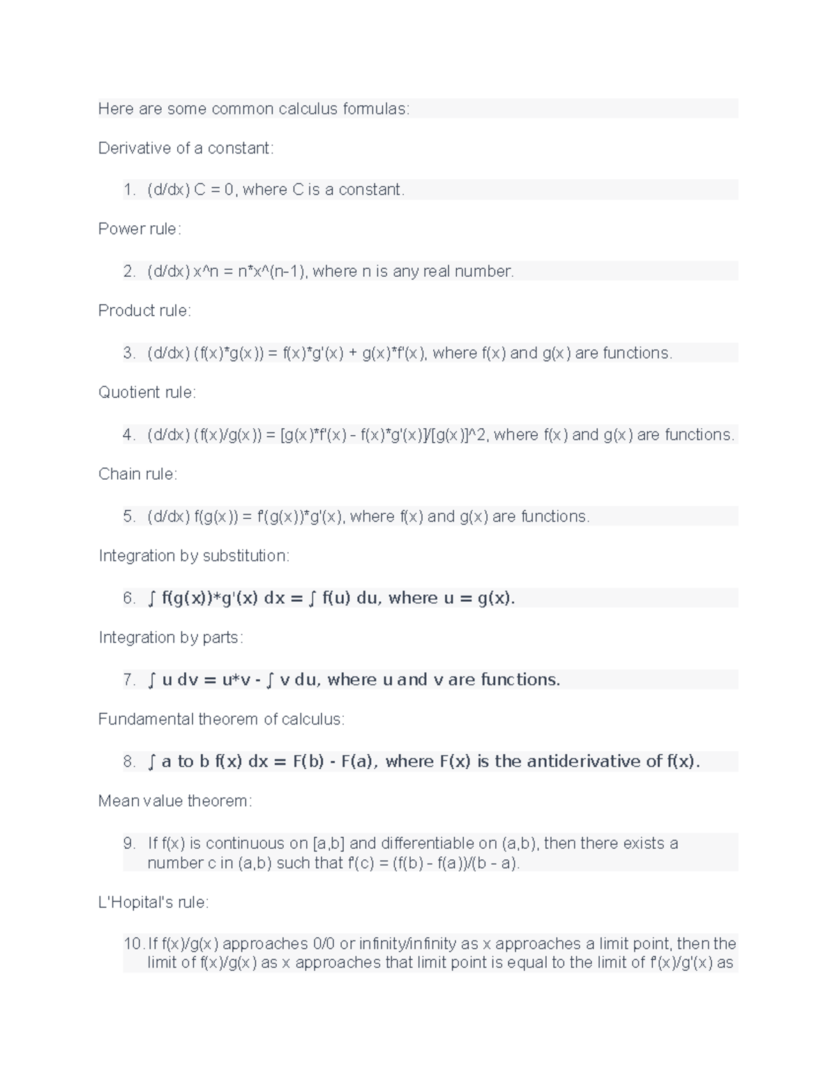 Calculus formulas - Here are some common calculus formulas: Derivative ...