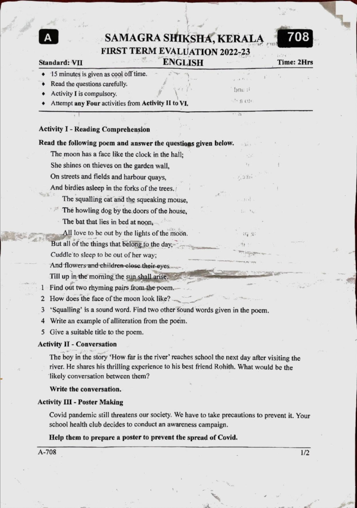 Kerala Class 7 First Term English Question paper 2022 - SAMAGRA SÅIKSHÅ É ,KERALB FIRST TERM ...