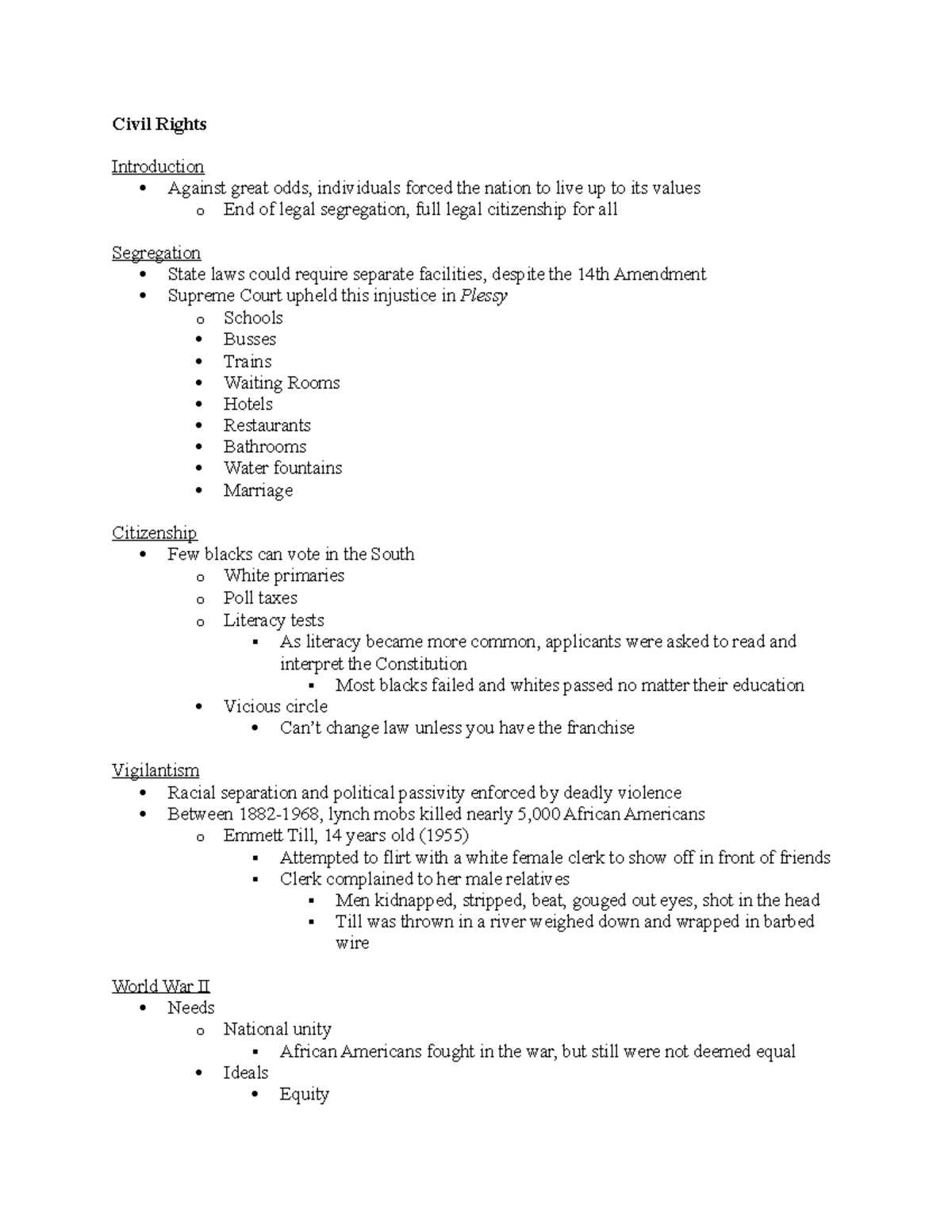HST 102 Civil Rights Notes - Civil Rights Introduction Against great ...
