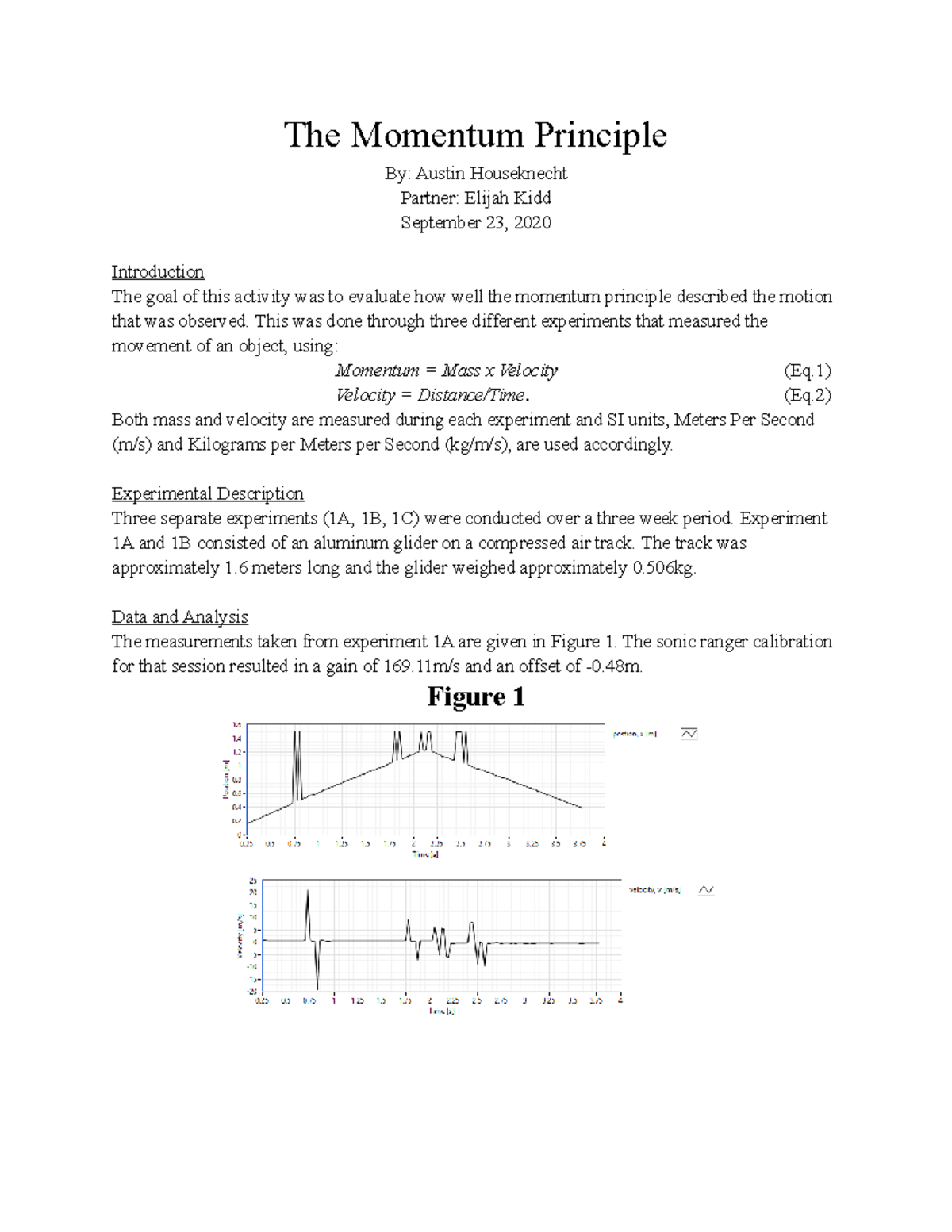 Lab report - The Momentum Principle By: Austin Houseknecht Partner ...