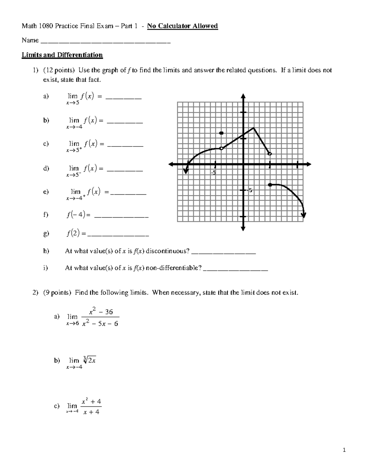 Math exam - Math practice exam - Math 1080 Practice Final Exam – Part 1 ...