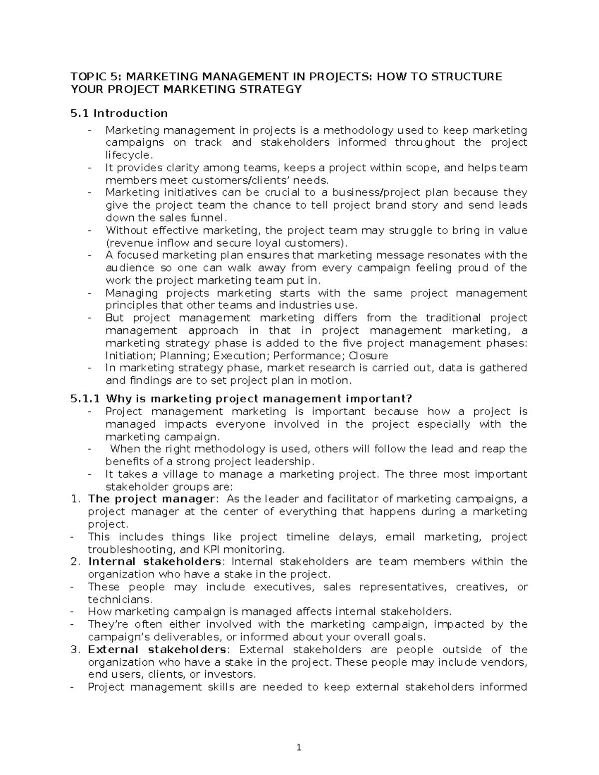 Topic 5- Markteting management in projects - TOPIC 5: MARKETING ...