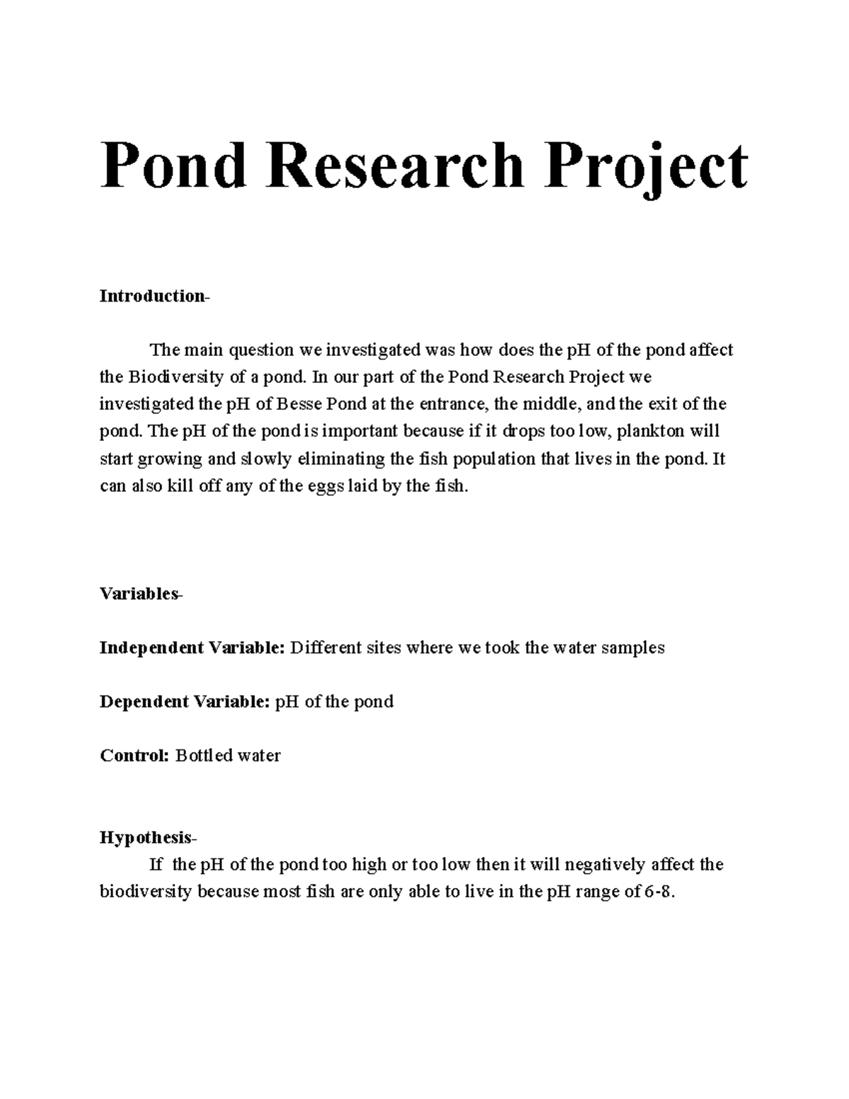 Pond Research Lab - Pond Research Project Introduction- The main ...