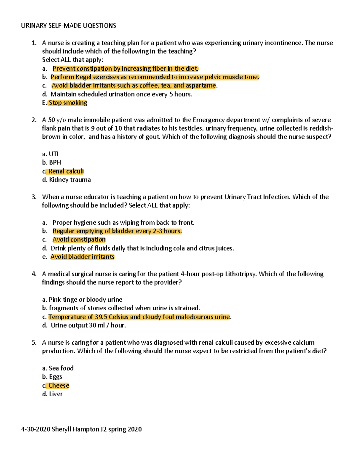 Urinary renal questions Sheryll Hampton - URINARY SELF-MADE UQESTIONS A ...