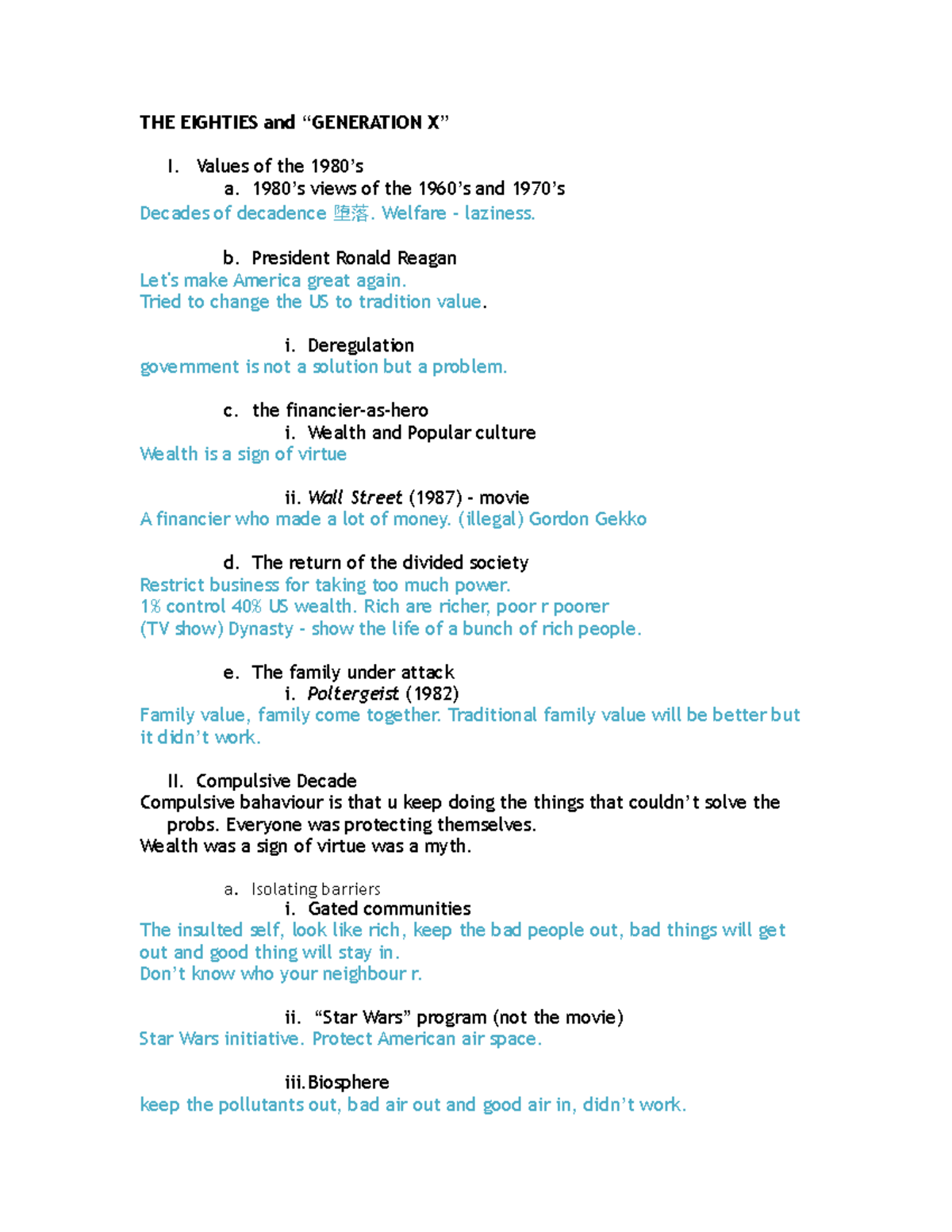 Eighties and Generation X outline - THE EIGHTIES and “GENERATION X” I ...