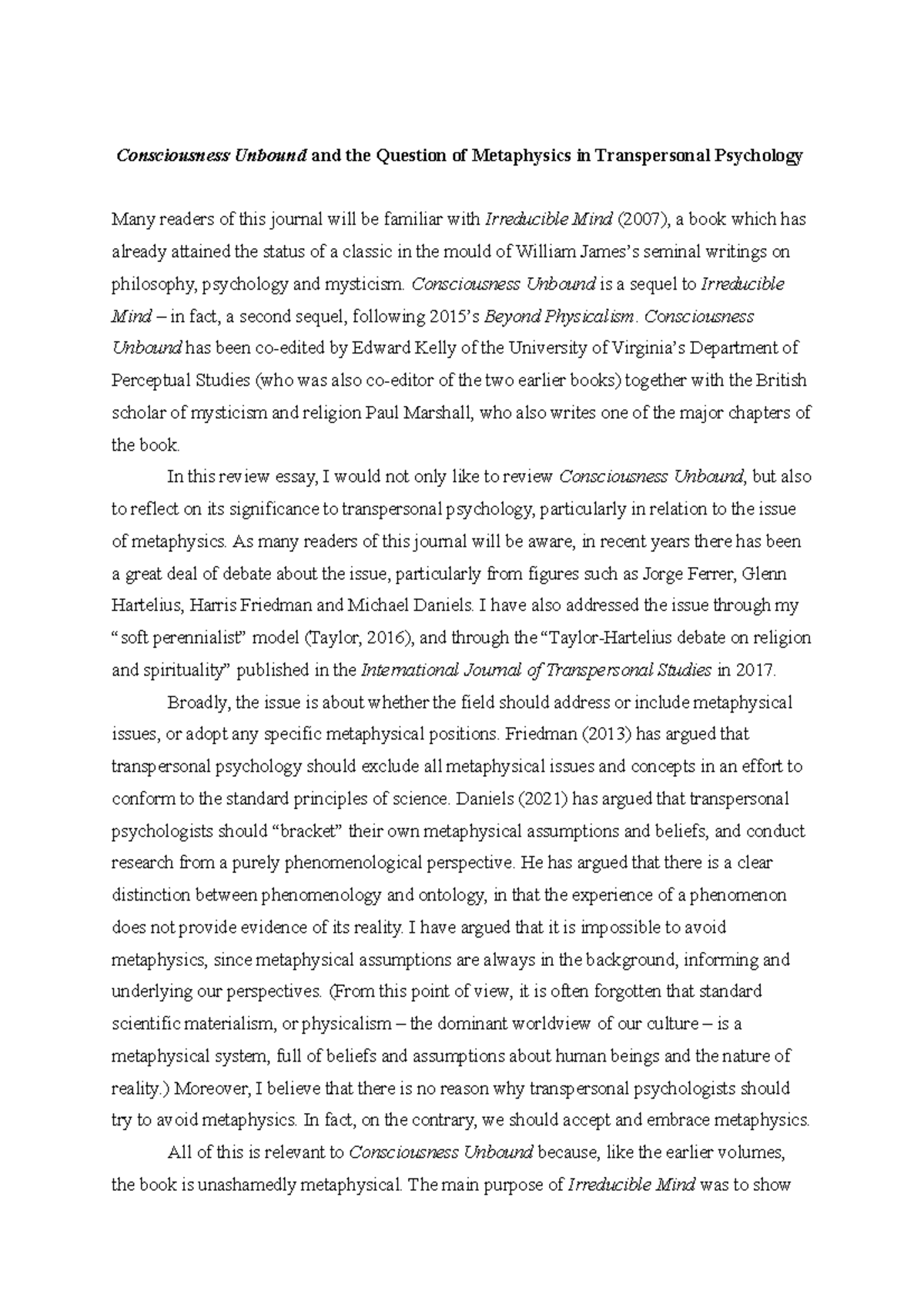 Consciousness Unbound and the Question of Metaphysics in Transpersonal ...