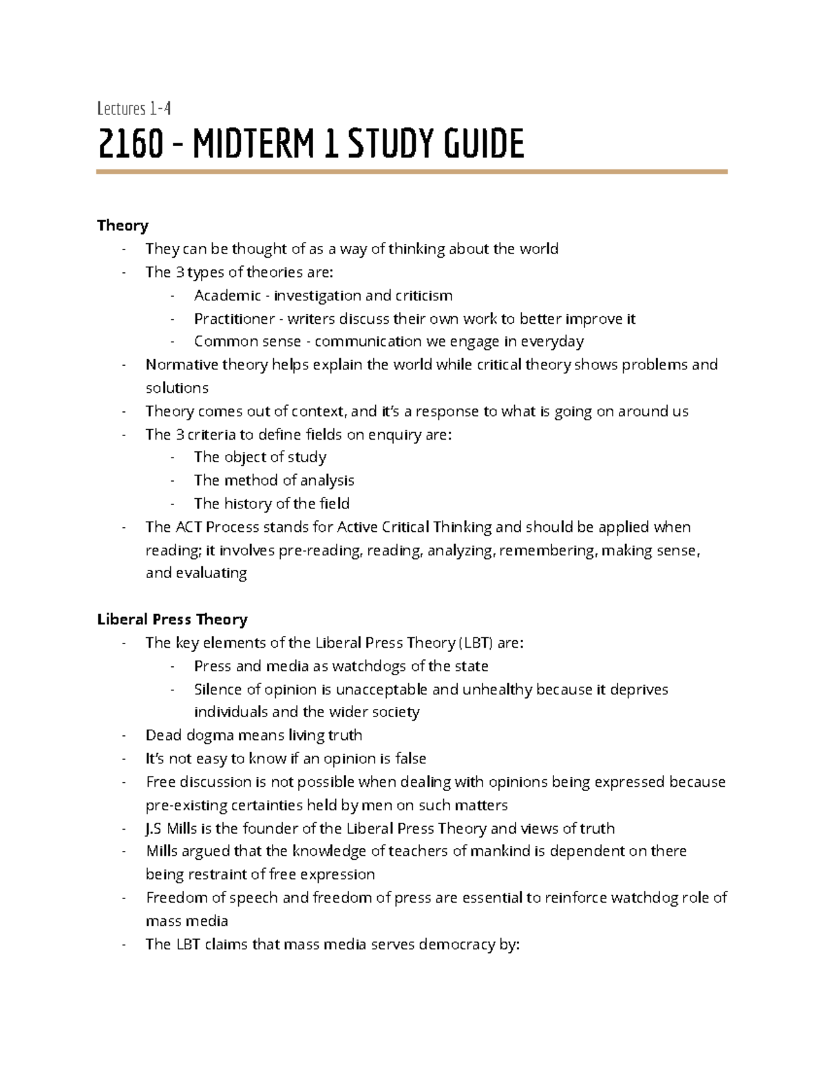 Midterm 1 - Study Guide - Lectures 2160 MIDTERM 1 STUDY GUIDE Theory They can be thought of as a ...