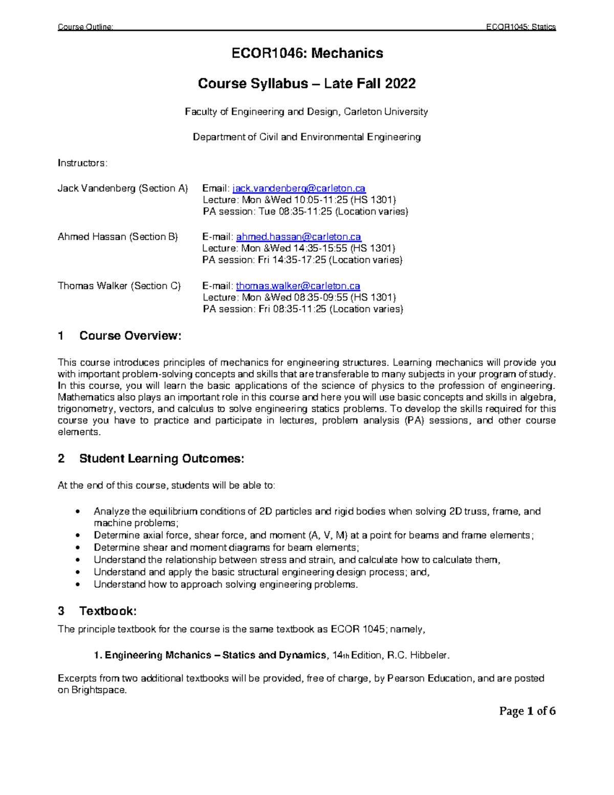 ECOR1046 fall2022 Course Outline v1 - ECOR1046: Mechanics Course ...