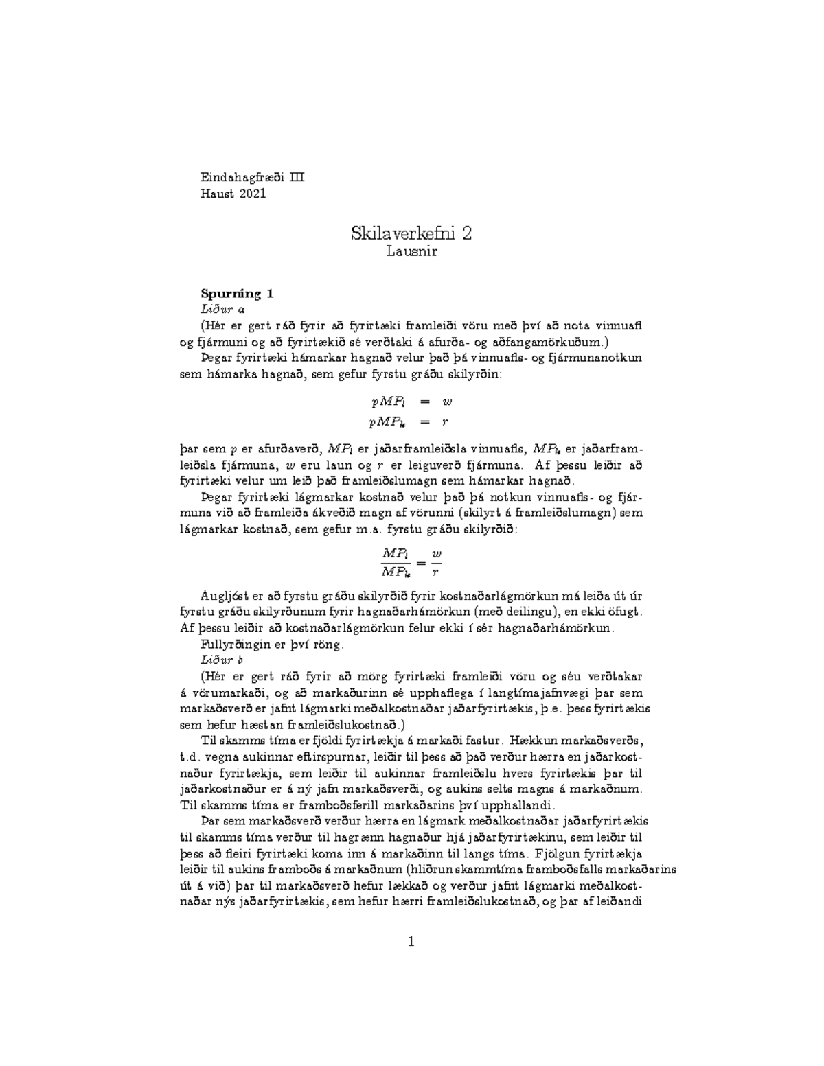 Skilaverkefni 2lausn - EindahagfrÊ i III Haust 2021 Skilaverkefni 2 Lausnir Spurning 1 Li ur a ...