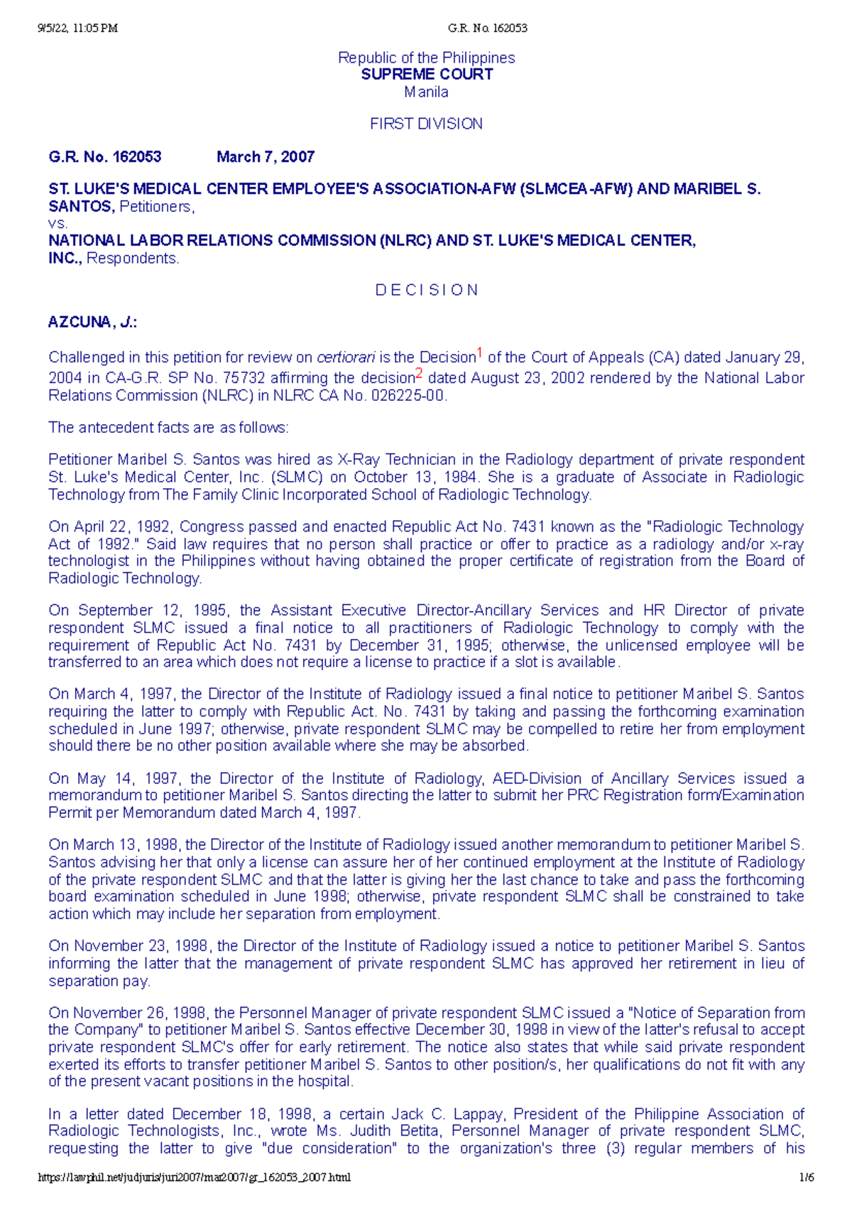 St. Luke's Medical Center Employees Association v. NLRC, 514 SCRA 677 ...