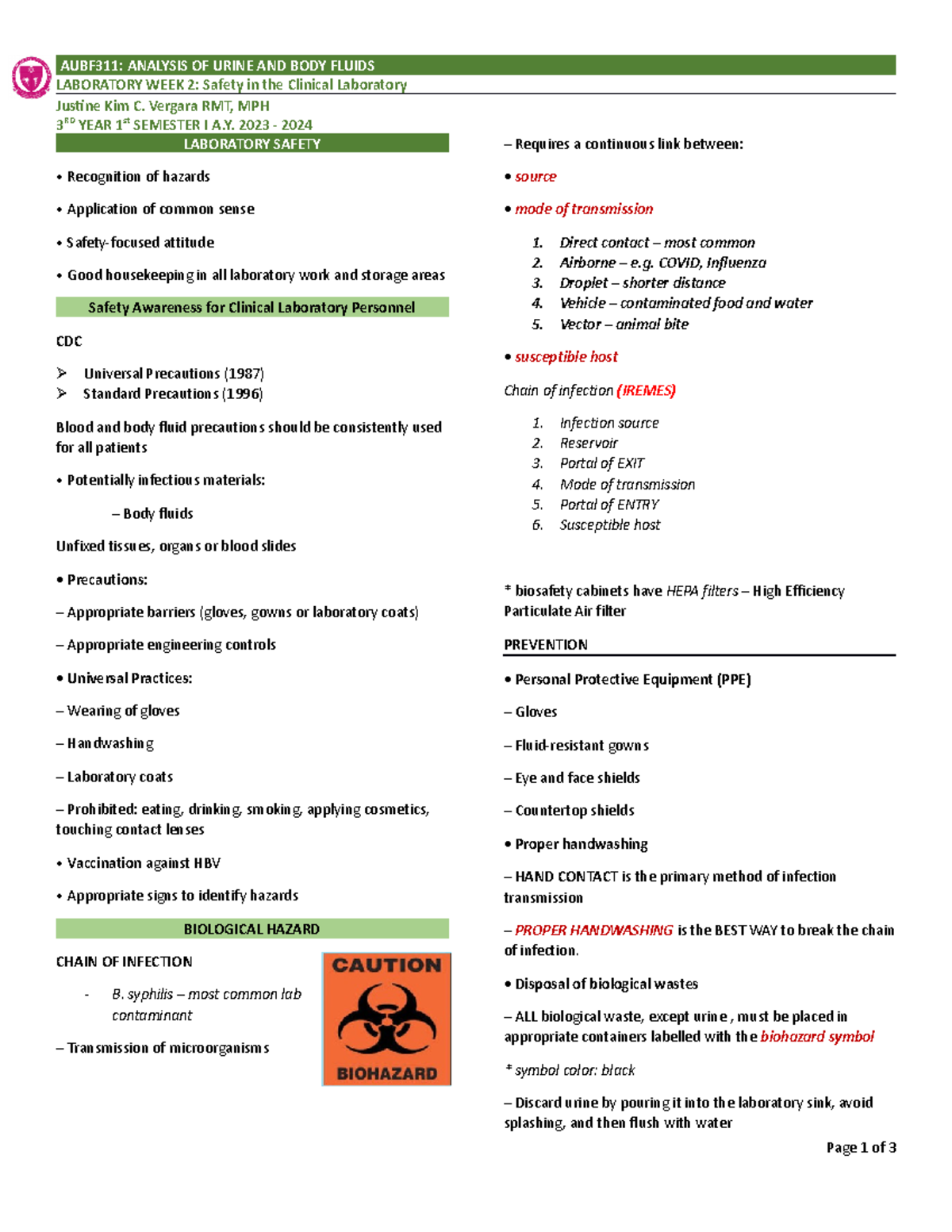 Aubf-lab-week-2 - specimen handling and collection - AUBF311: ANALYSIS ...