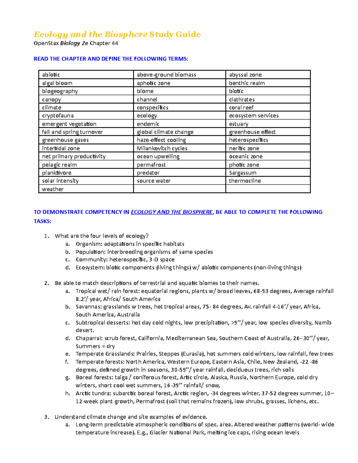 Ch 44 Ecology and the Biosphere Study Guide - Ecology and the Biosphere ...