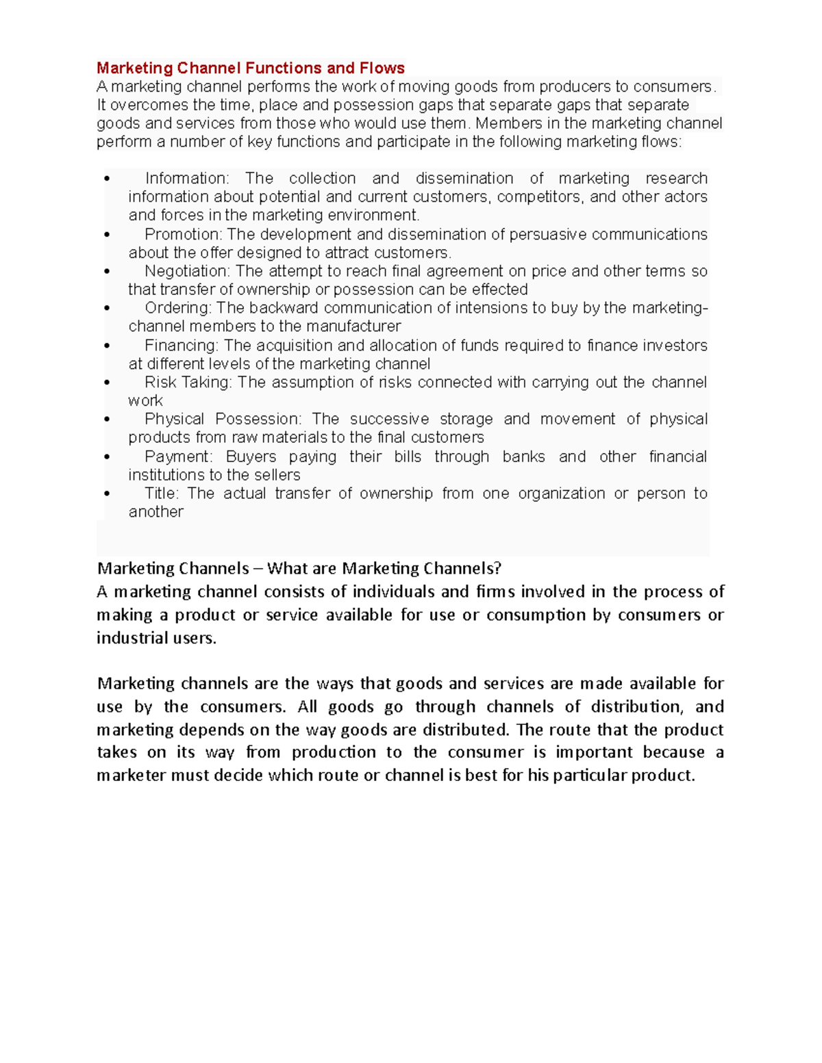 Marketing Channel Functions and Flows - It overcomes the time, place ...