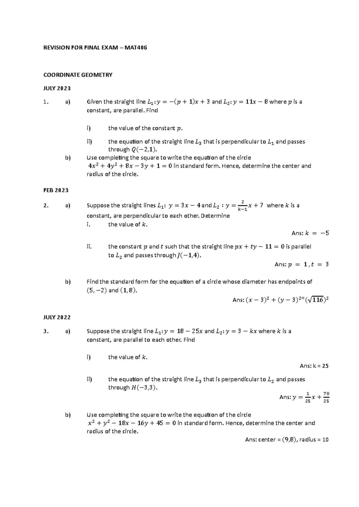 Revision 2024 past sems - REVISION FOR FINAL EXAM – MAT COORDINATE ...