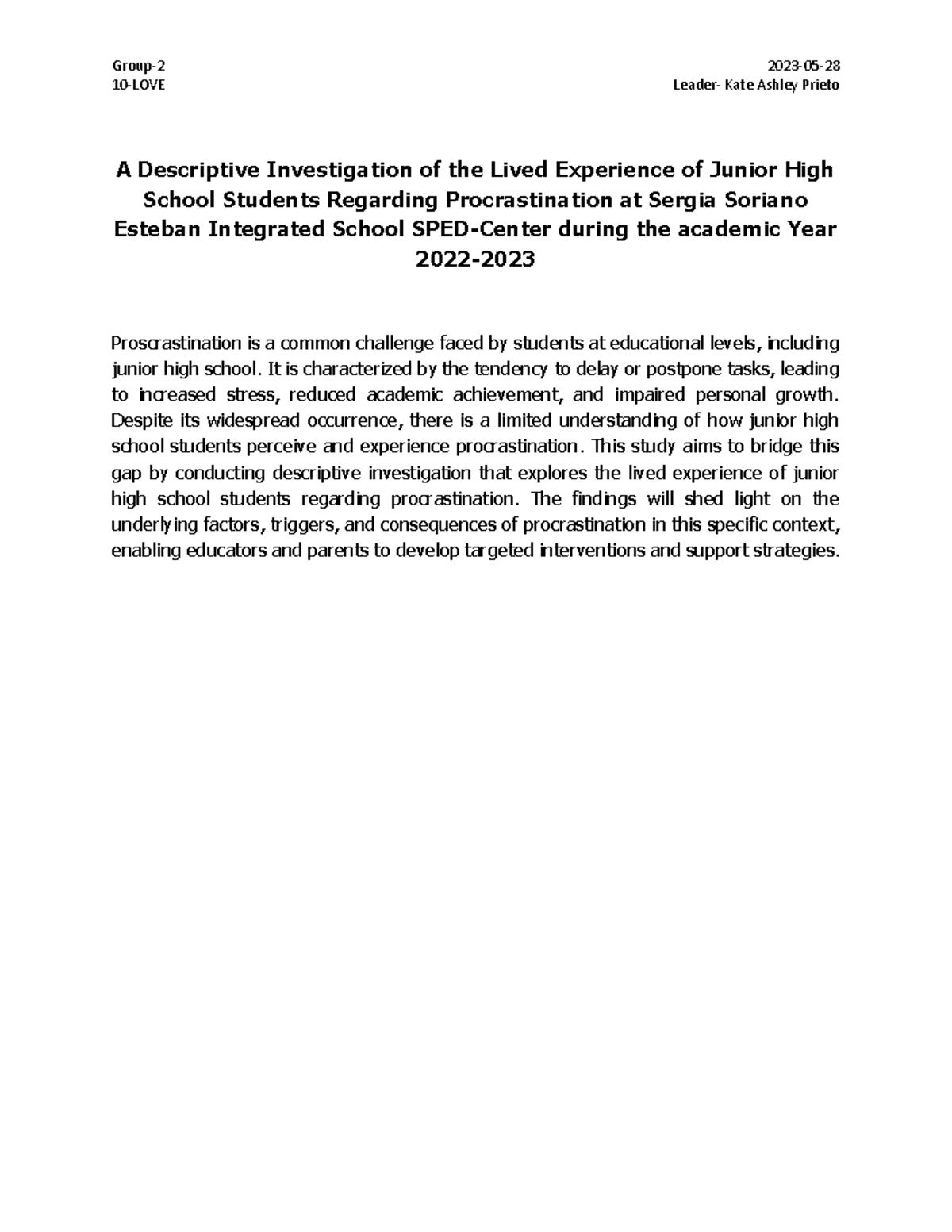 A Descriptive Investigation of the Lived Experience of Junior High ...