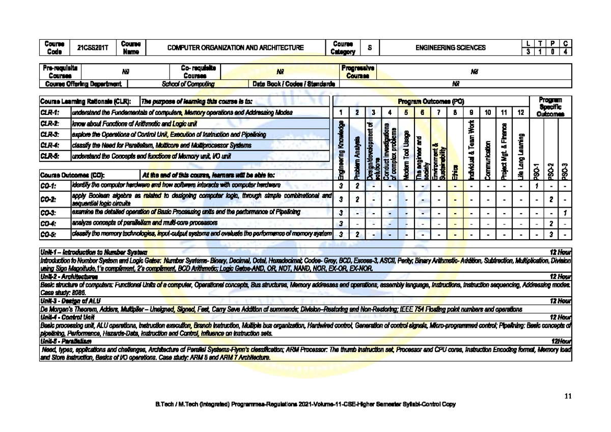 Computer Organization AND Architecture 1 - Course Course Course L T P C 21CSS201T COMPUTER - Studocu