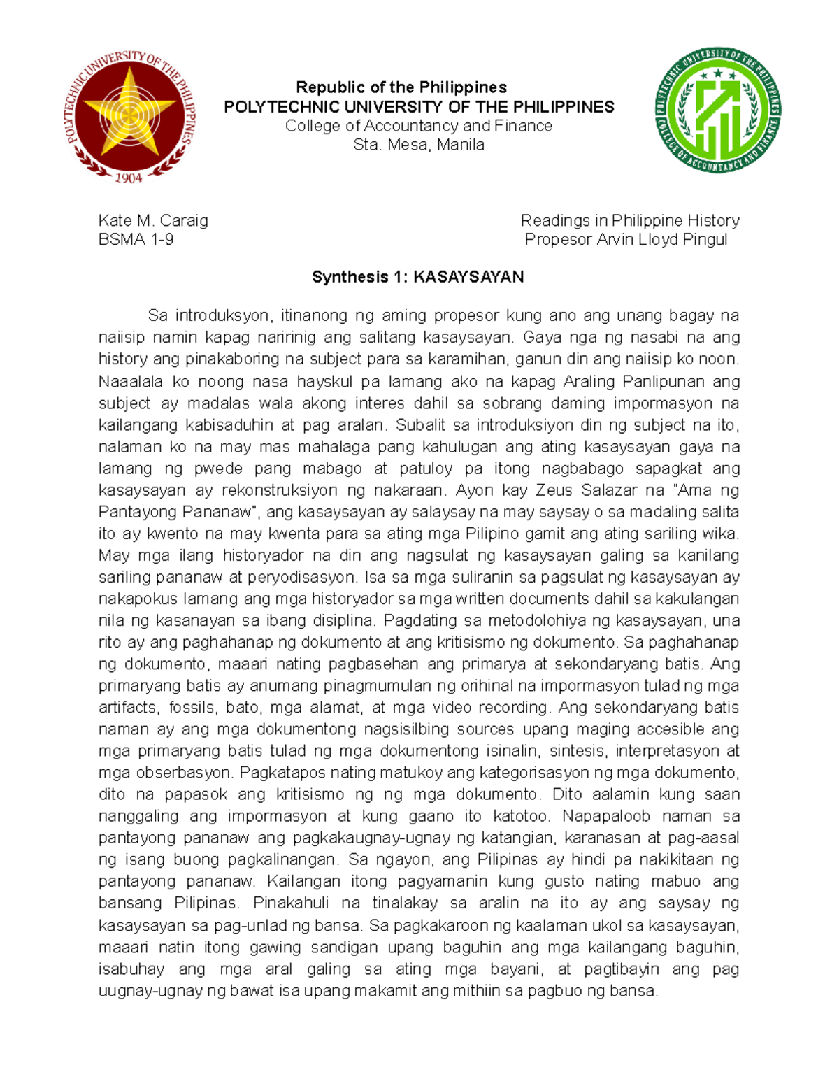 Synthesis 1 - Republic of the Philippines POLYTECHNIC UNIVERSITY OF THE ...