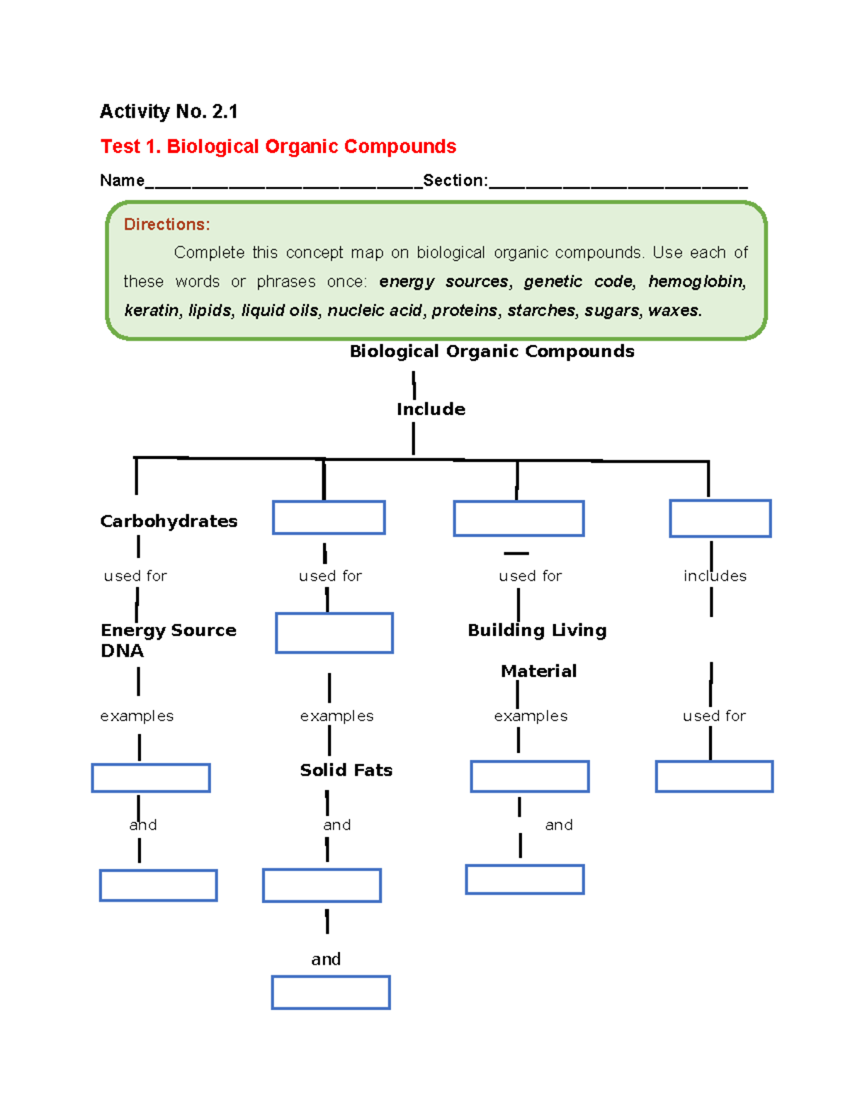 Activity No. 2.1 Biological Organic Compounds - Activity No. 2. Test 1 ...