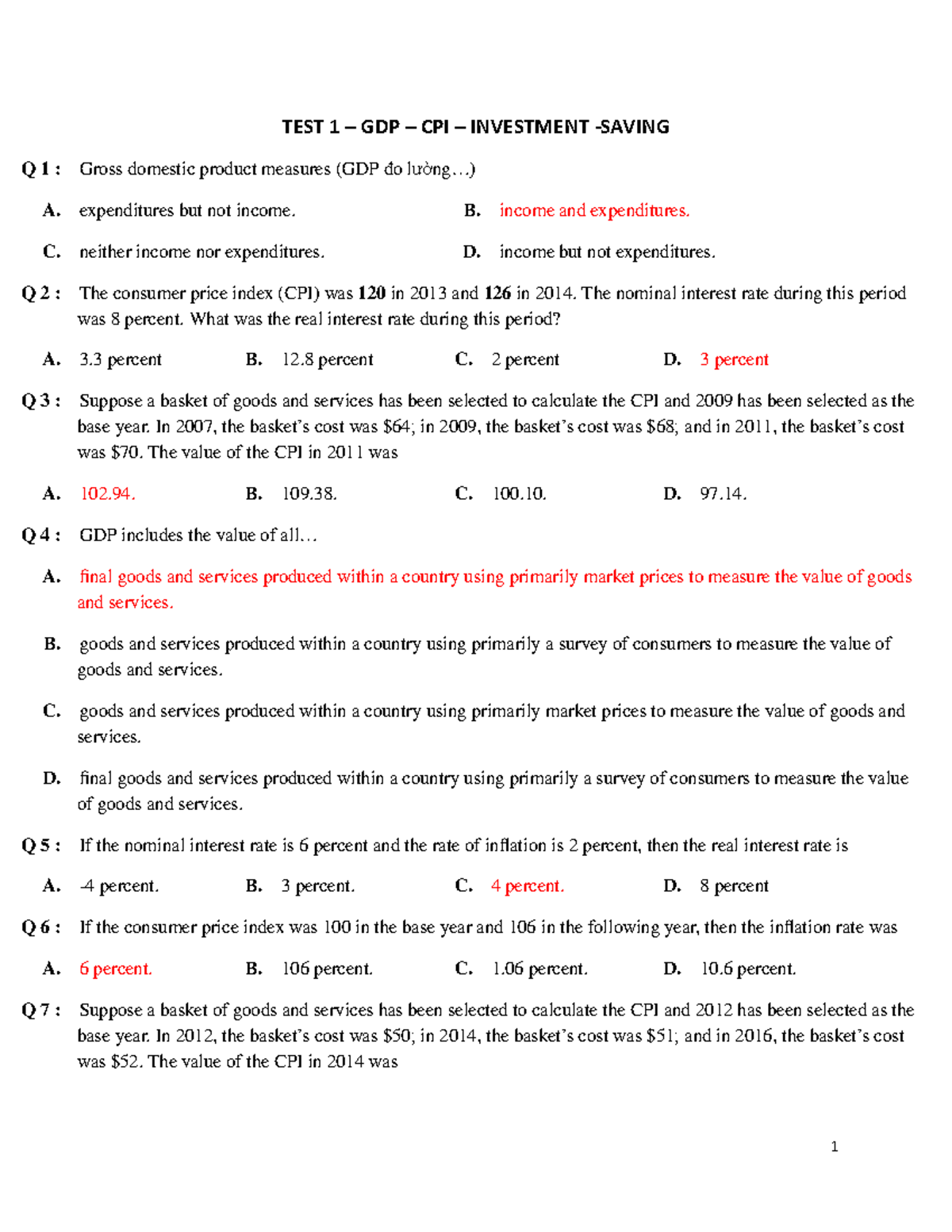 Macro test 1 - TEST 1 – GDP – CPI – INVESTMENT -SAVING Q 1 : Gross ...