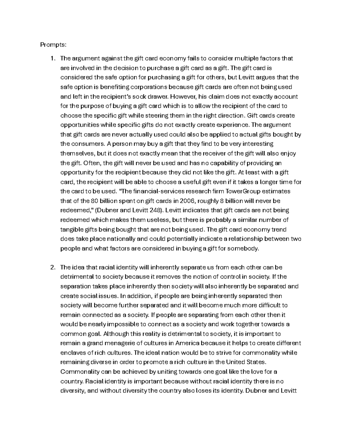 Chapter 6 Freakonomics Assignment - Prompts: 1. The argument against ...