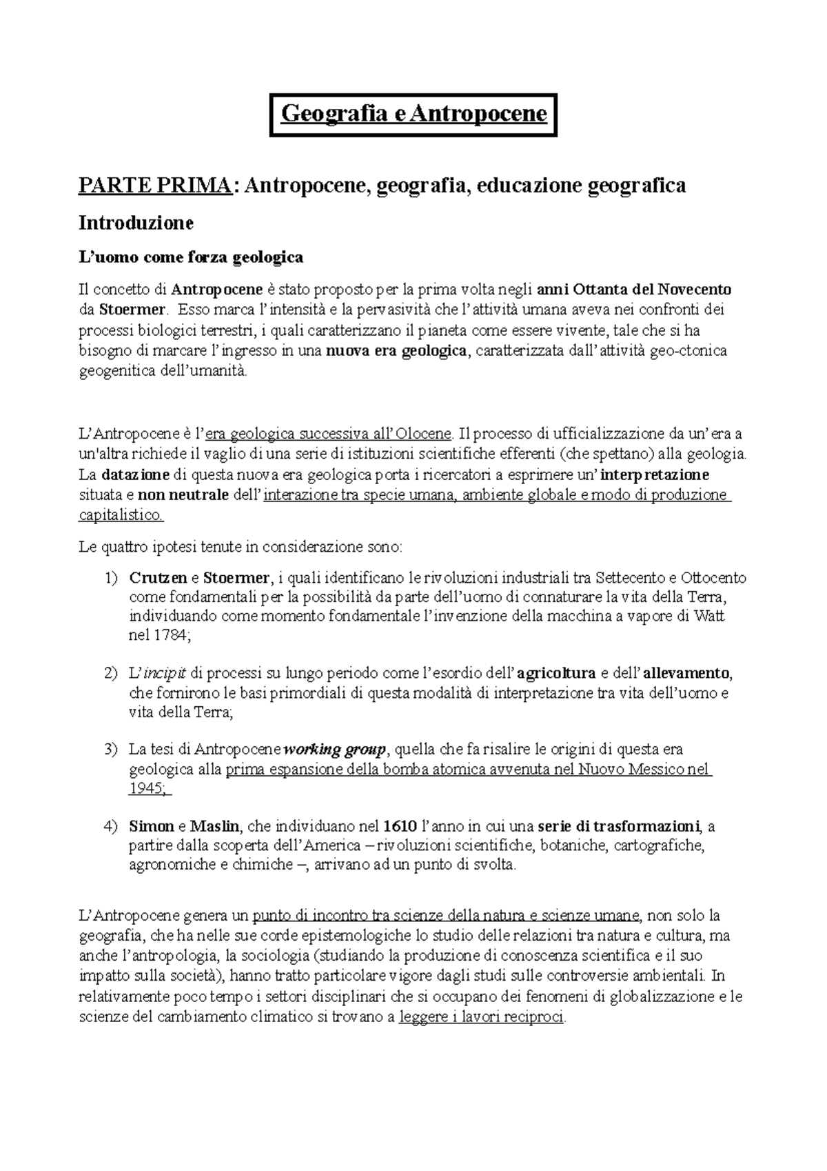 Riassunto del manuale "Geografia e Antropocene" - Geografia e Antropocene PARTE PRIMA ...
