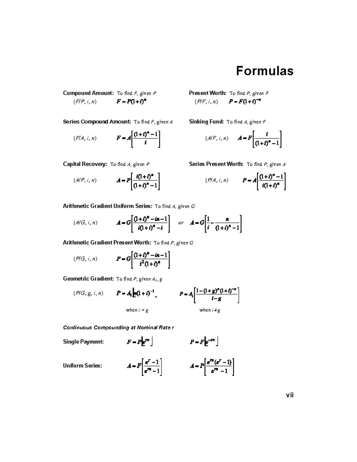 Formulas-Engineering-Economy - vii Formulas Compound Amount: To find F ...