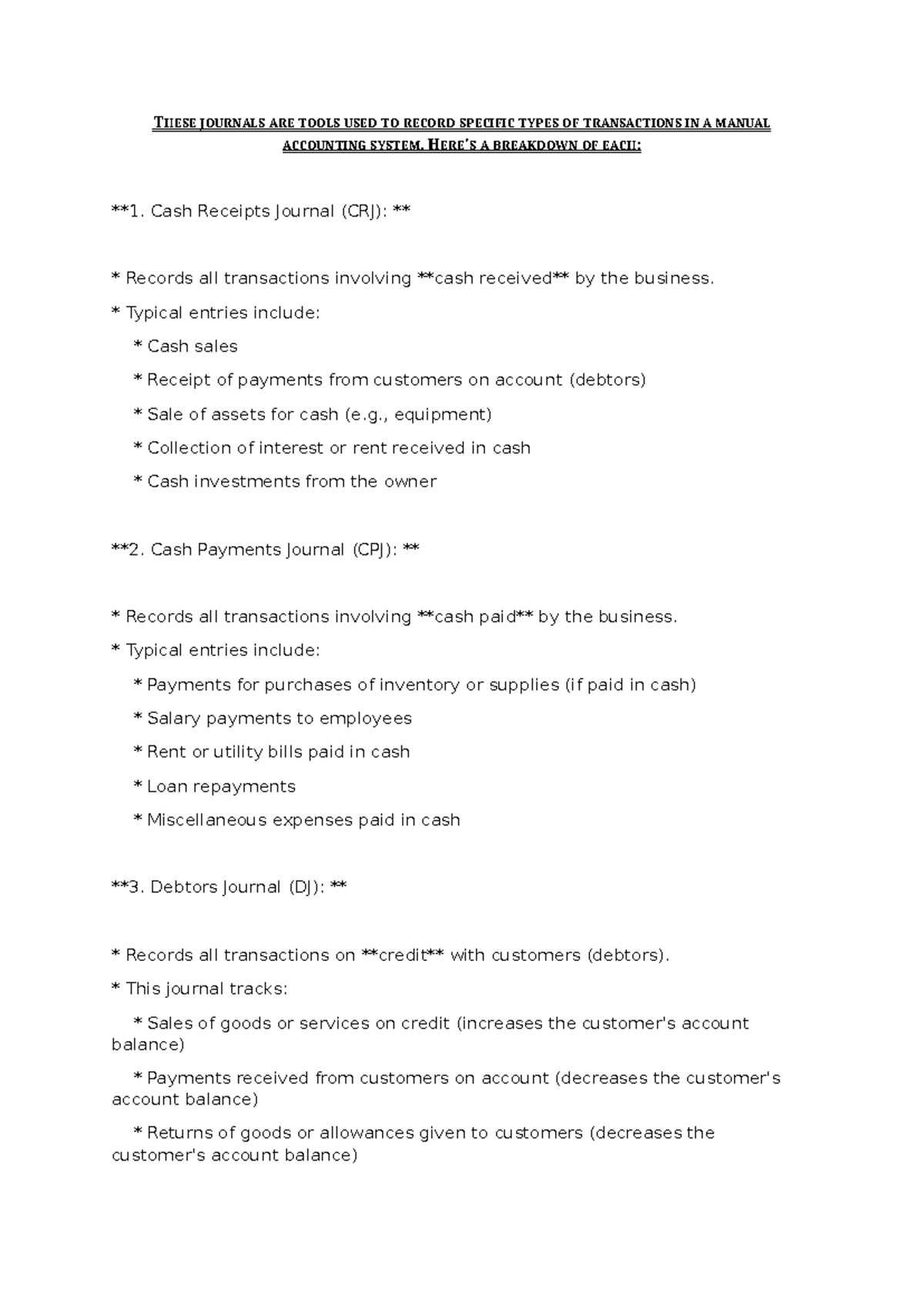 Breakdown of CRJ,CPJ,DAJ & DJ - THESE JOURNALS ARE TOOLS USED TO RECORD ...