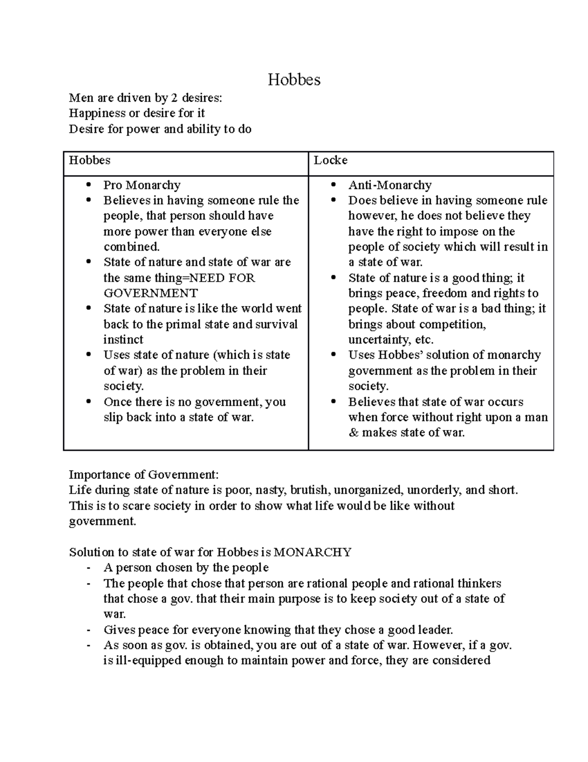 Hobbes and Locke - Lecture notes 1,2,3,4 - Hobbes Men are driven by 2 ...