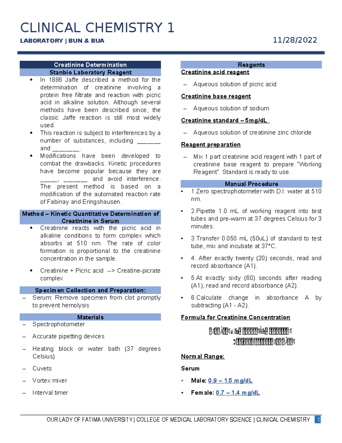 CCHM-WEEK 15-Creatinine Determination - CLINICAL CHEMISTRY 1 LABORATORY ...