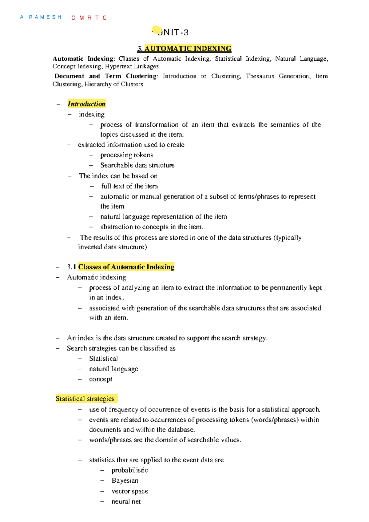 UNIT 3 IRS UP - AUTOMATIC INDEXING - 3. AUTOMATIC INDEXING Automatic ...