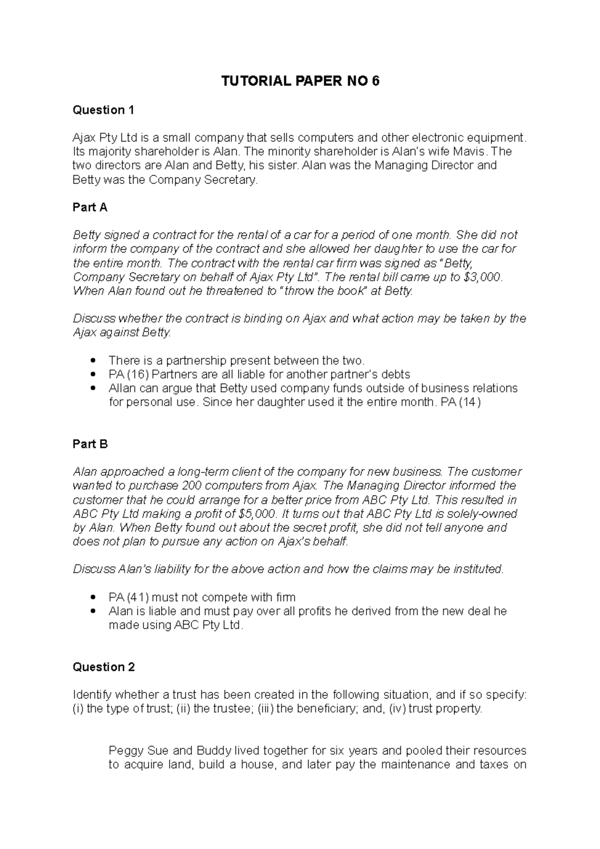 Tut 6 - WK 7 - Tut 6 - WK 7 - TUTORIAL PAPER NO 6 Question 1 Ajax Pty ...