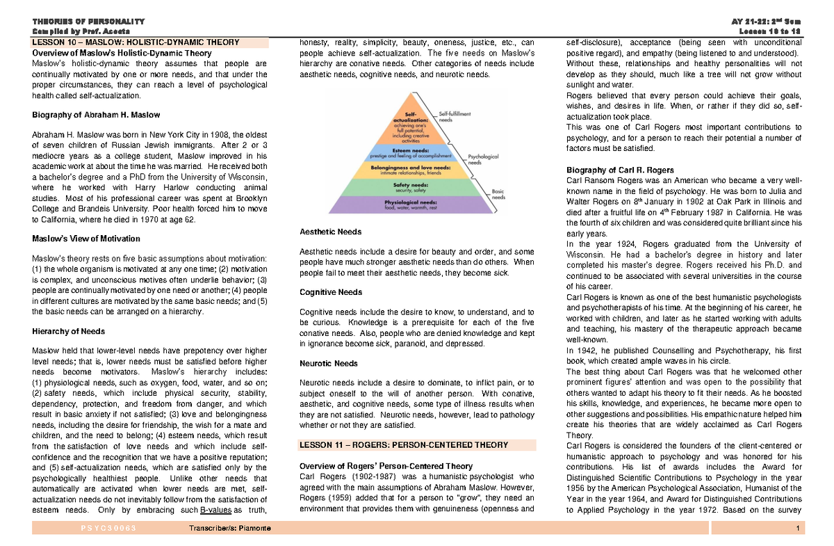 TOP Lesson 10-18 - Psychology notes - Compiled by Prof. Acosta Lesson 1 ...