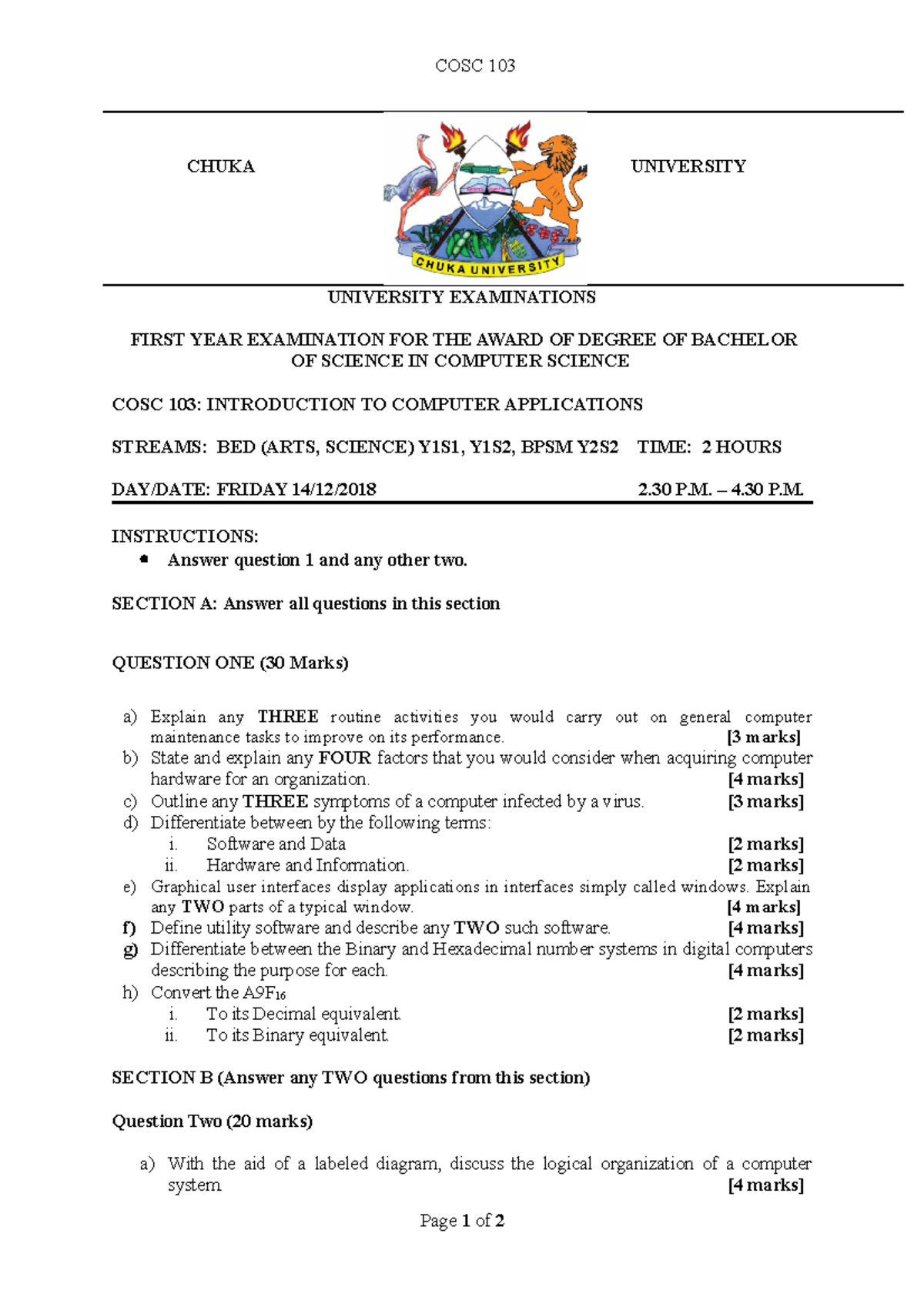 Computer application test - COSC 103 CHUKA UNIVERSITY UNIVERSITY ...