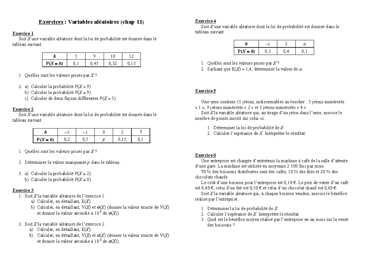 1G -chap 11- VA - exercices - Exercices : Variables aléatoires (chap 11 ) Exercice 1 Soit X une ...