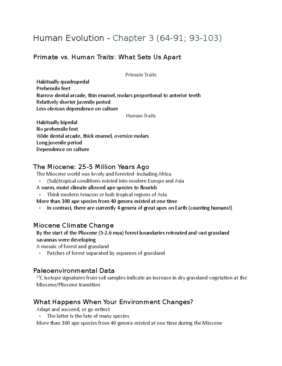 January 23 - Lecture - Human Evolution - Chapter 3 (64-91; 93-103 ...