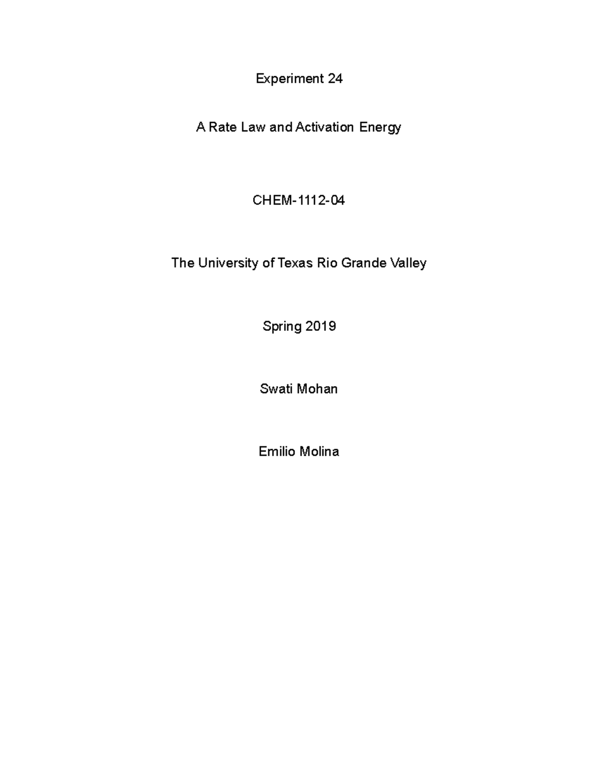Experiment 24 (chemistry 2) - Experiment 24 A Rate Law and Activation ...