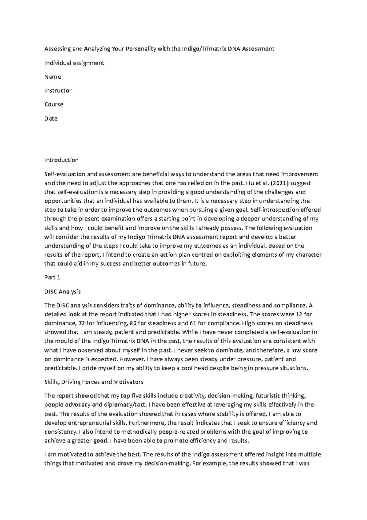 Sample Indigo - Assessment report - Assessing and Analyzing Your ...