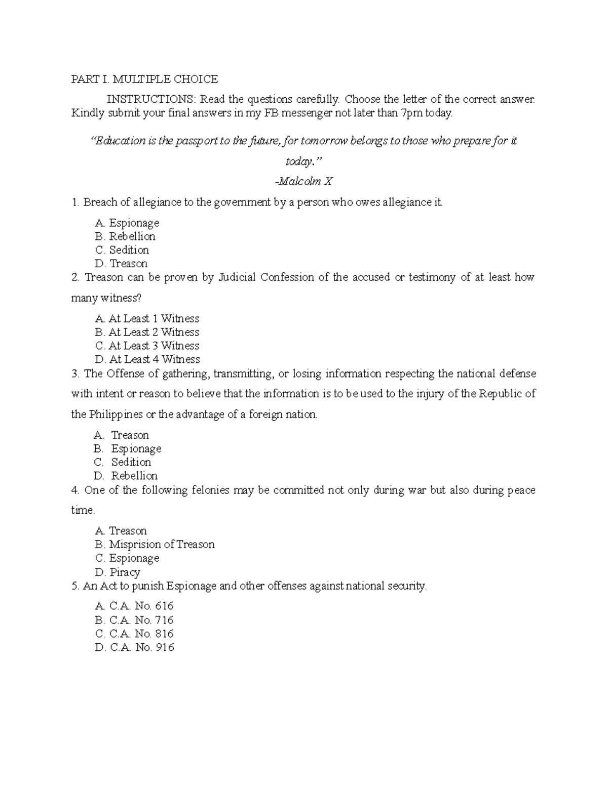 Criminal LAW 2 QUIZ - quiz - PART I. MULTIPLE CHOICE INSTRUCTIONS: Read ...