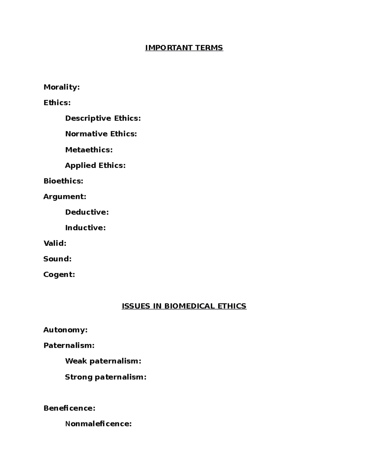Bioethics Important Terms (template) - IMPORTANT TERMS Morality: Ethics ...