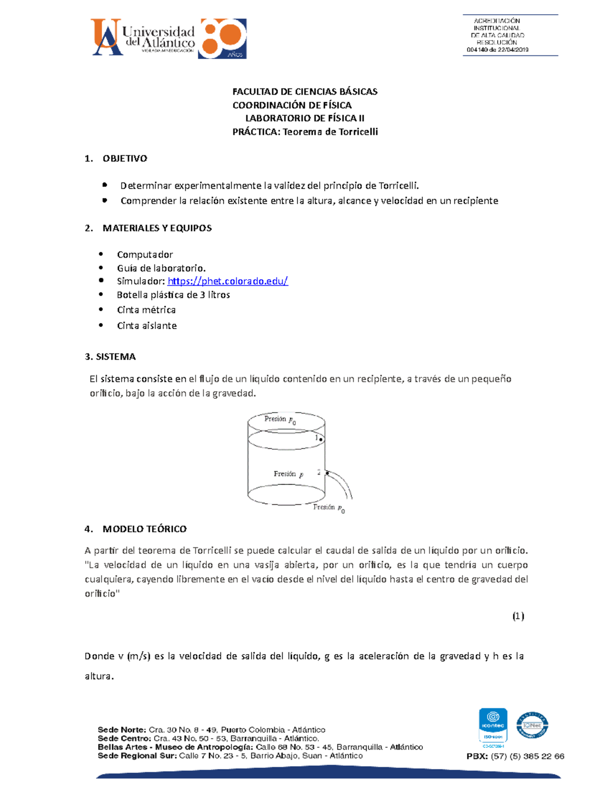 2 Teorema De Torricelli Facultad De Ciencias BÁsicas CoordinaciÓn De FÍsica Laboratorio De