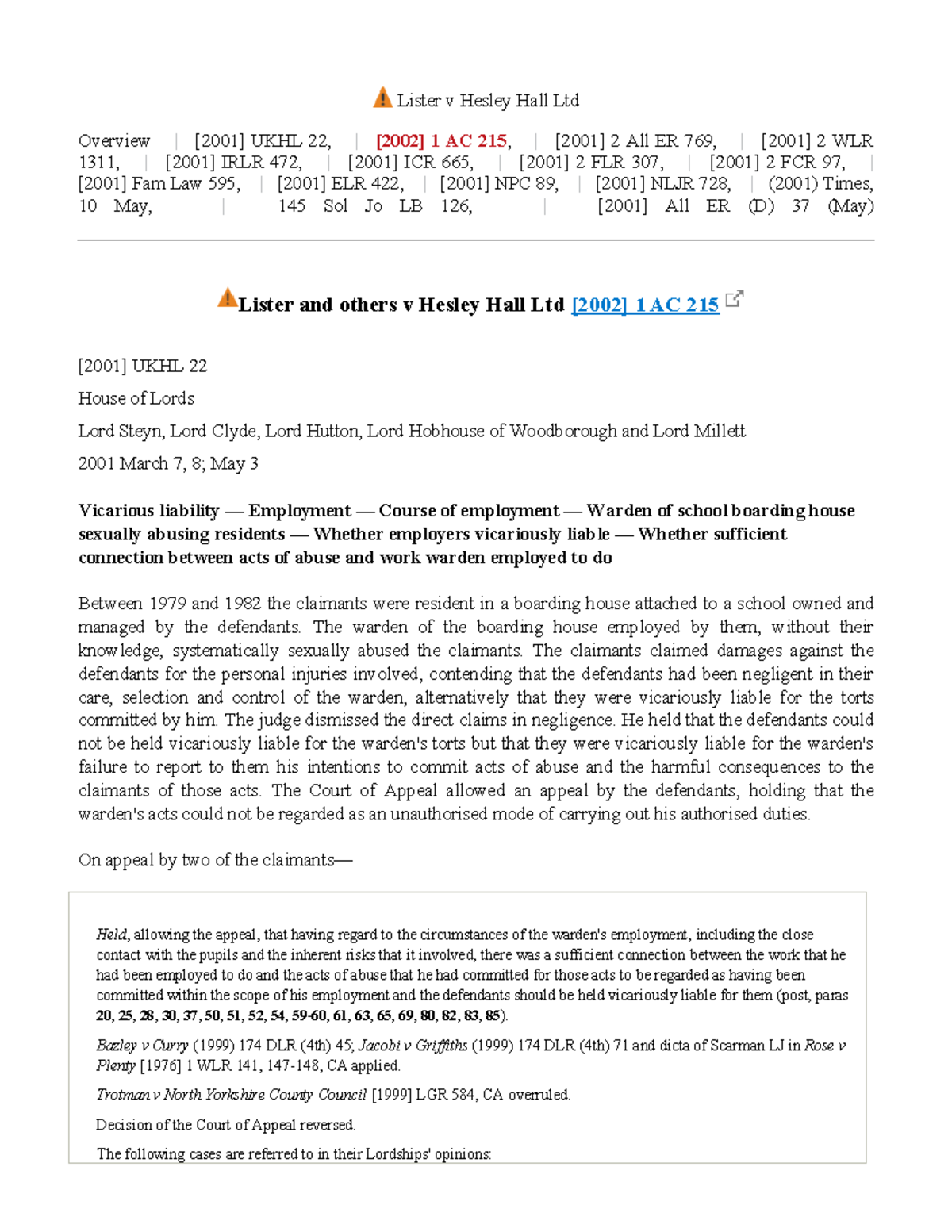 Lister and others v Hesley Hall Ltd [2002 ] 1 AC 215 - Lister v Hesley ...