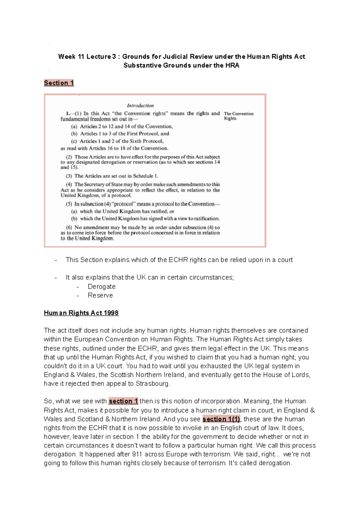 Substantive Grounds for Judicial Review under the Human Rights Act - Week 11 Lecture 3 : Grounds ...