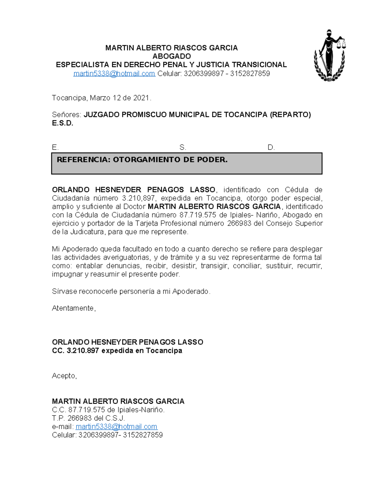 Poder Orlando Hesneyder Penagos - MARTIN ALBERTO RIASCOS GARCIA ABOGADO ...