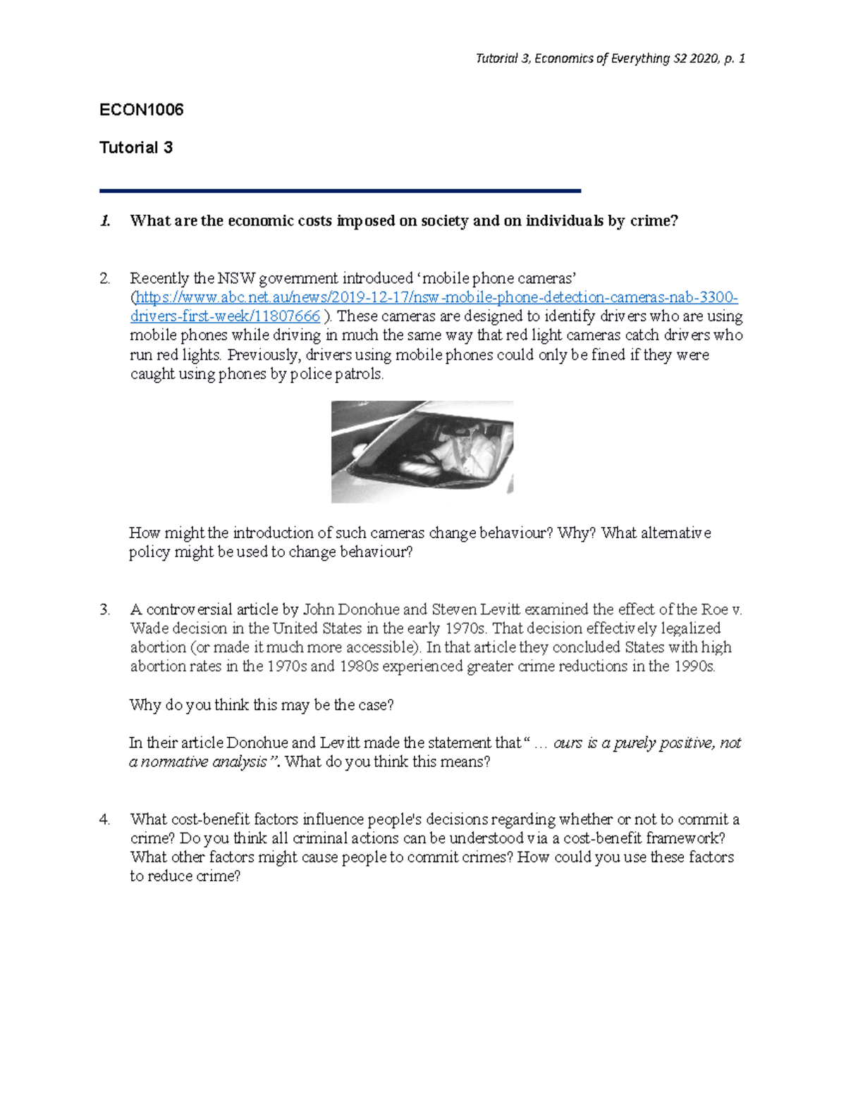 ECON1006 S2 2020 Tutorial 3 - Tutorial 3, Economics of Everything S2 2020, p. 1 ECON Tutorial 3 ...