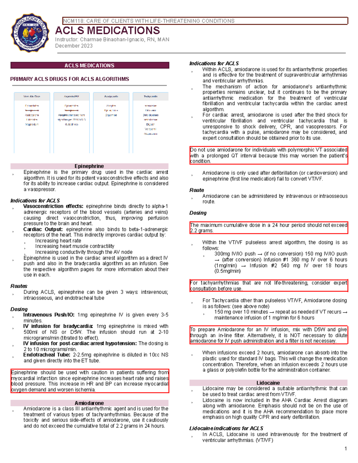 ACLS-Medications - EMERGENCY MED - NCM118: CARE OF CLIENTS WITH LIFE ...