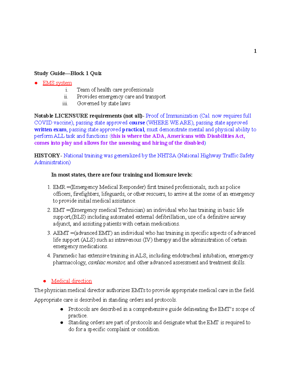 study guide for exam one - Study Guide—Block 1 Quiz EMS system i. Team ...