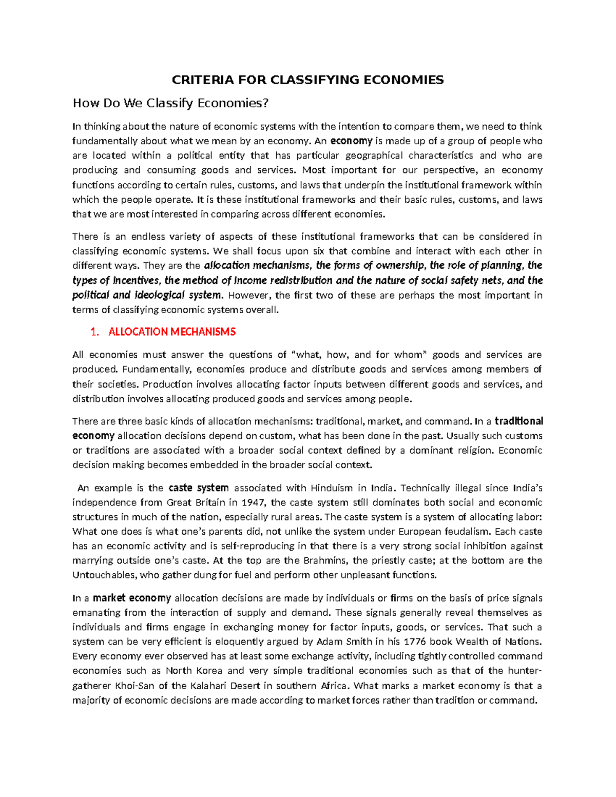 Comparative-Economics - CRITERIA FOR CLASSIFYING ECONOMIES How Do We ...