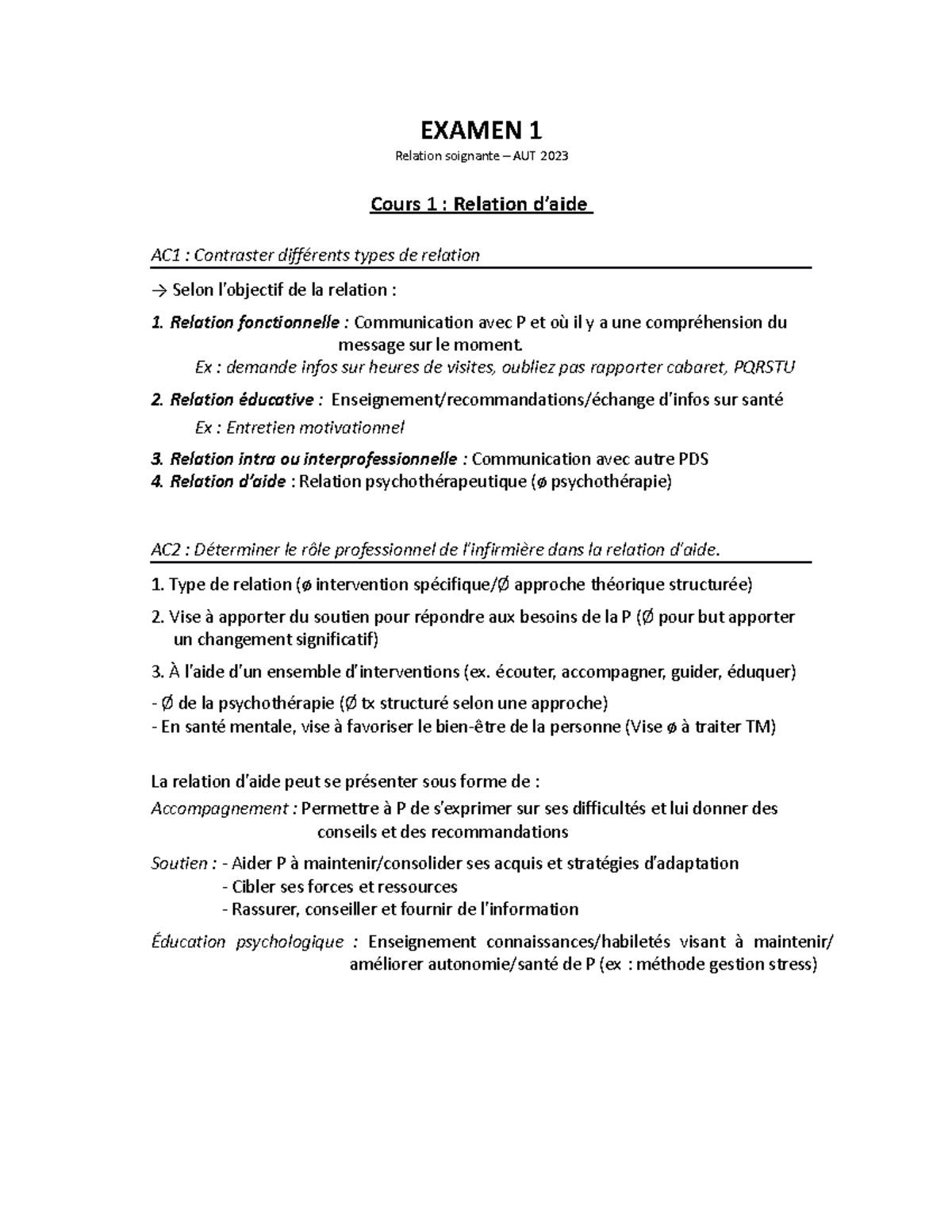 Examen 1 - préparation - EXAMEN 1 Relation soignante – AUT 2023 Cours 1 ...