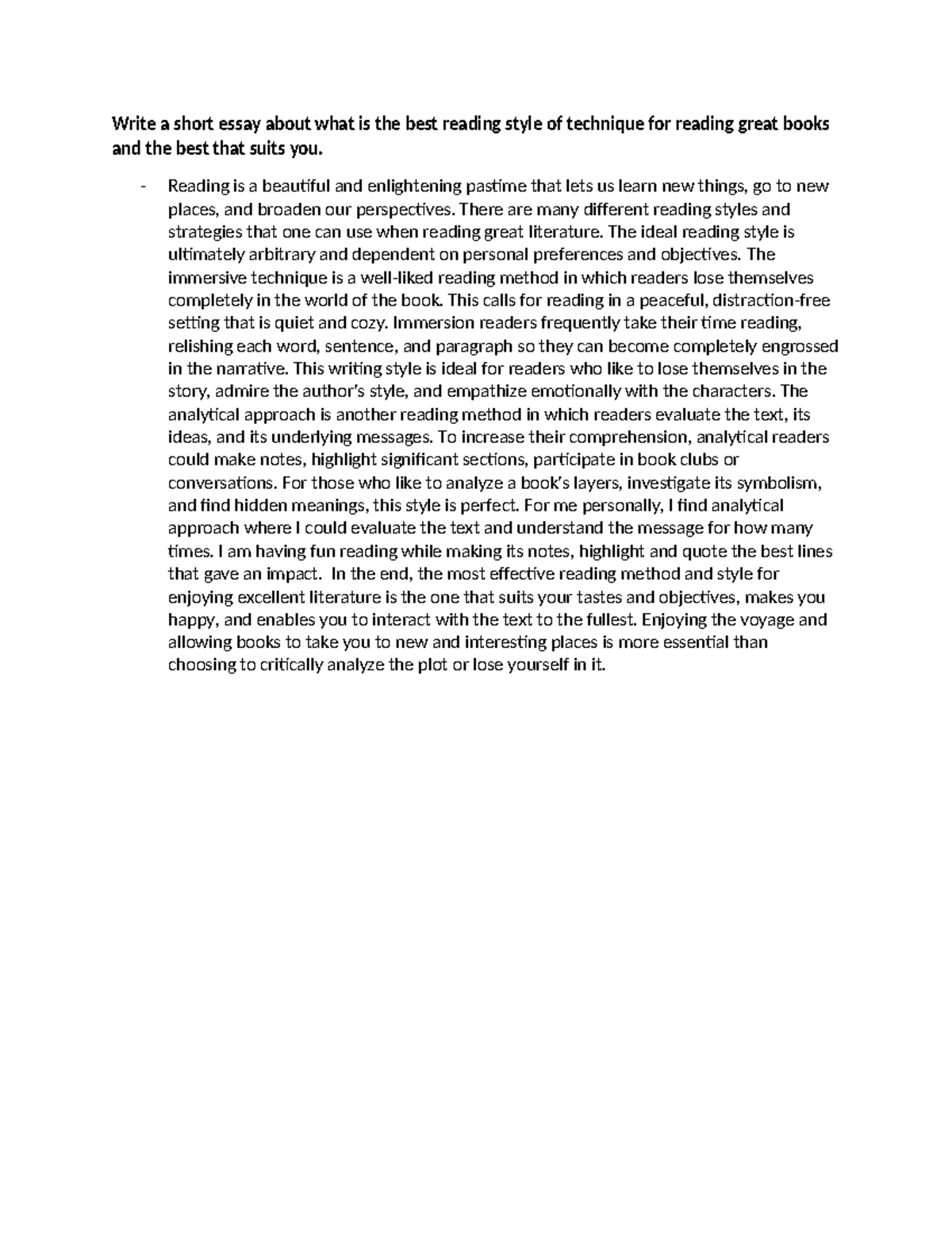 Great Books IT3C - Write a short essay about what is the best reading ...