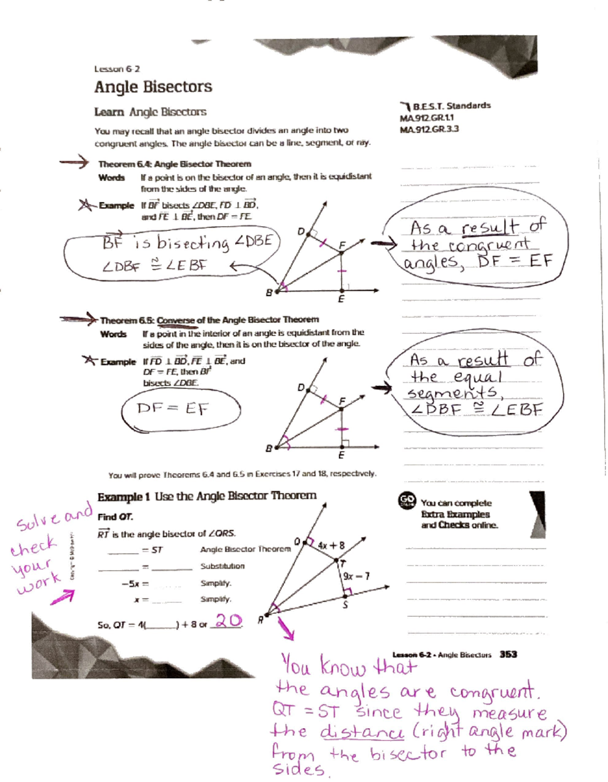 6-2 Notes, Angle Bisectors - Lesson Angle Bisectors B.E.S. Standards ...